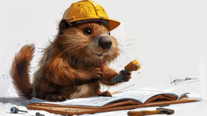 Beaver Wearing Hardhat Reviewing Blueprints with Riveter Tool Stock ...