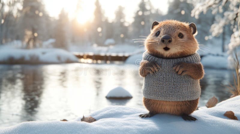 A Beaver Wearing a Knitted Sweater in a Snowy Forest Stock Illustration ...