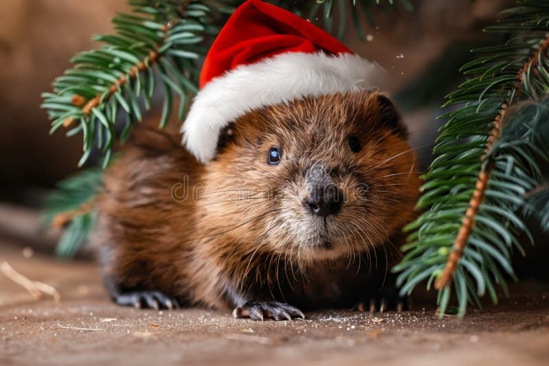 A Beaver Wearing a Santa Hat Sitting Under a Christmas Tree. Generative ...