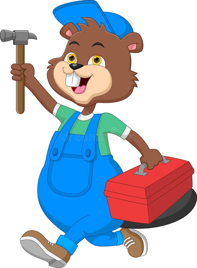 Beaver Worker Cartoon Holding Hammer and Toolbox Stock Vector ...