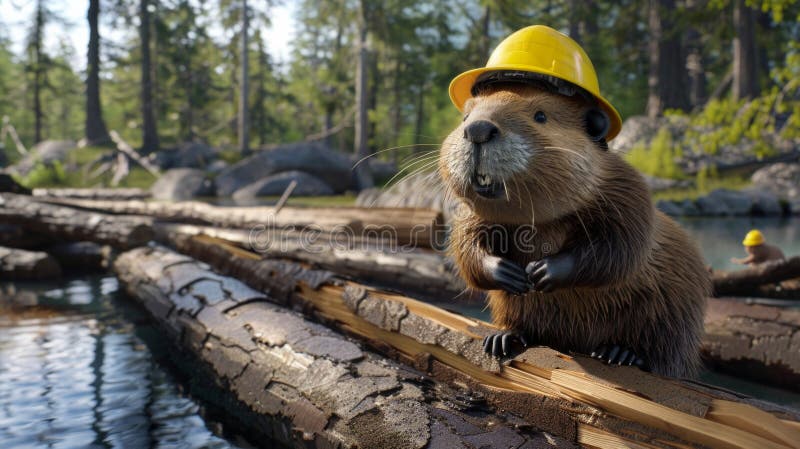 Beaver Worker in Safety Helmet Builds Dam on the River Stock Photo ...