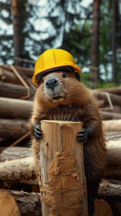 Beaver Worker in Safety Helmet Builds Dam on the River Stock Photo ...