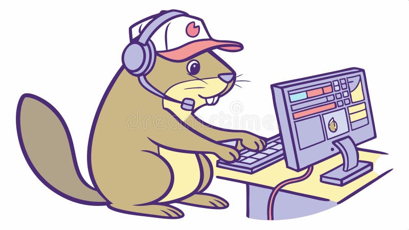 Beaver Working on Computer Technology Animal Cartoon Digital Office ...