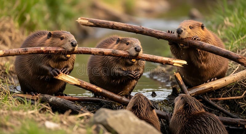 Beavers Building a Dam with Sticks in the River Stock Illustration ...