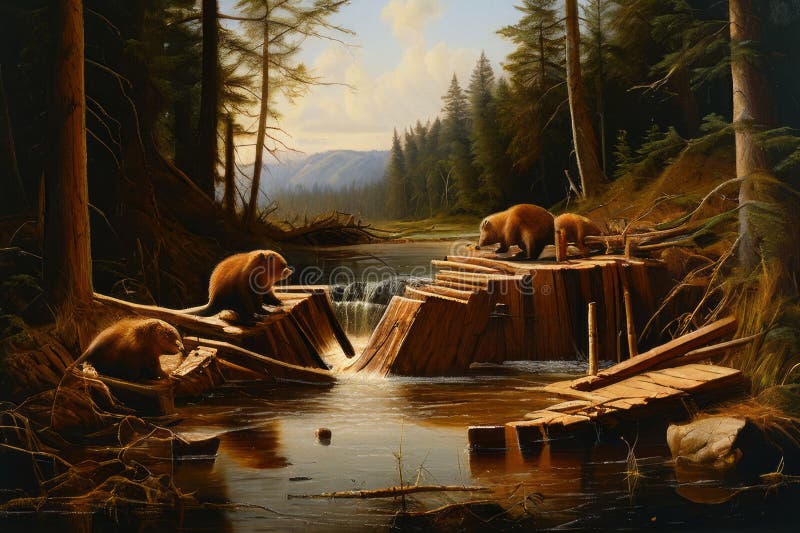 Beavers constructing a dam stock illustration. Illustration of ...