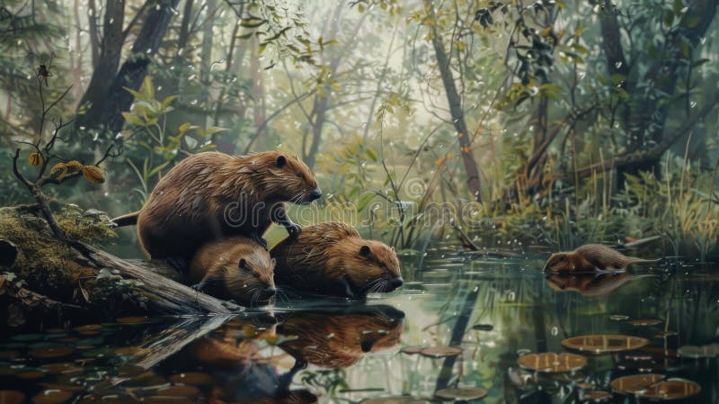 Beavers in Rainy Forest Stream Stock Illustration - Illustration of ...