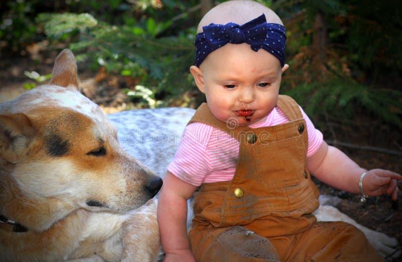 Bebê Calvo Que Come a Sujeira Com Cachorrinho Foto de Stock - Imagem de ...