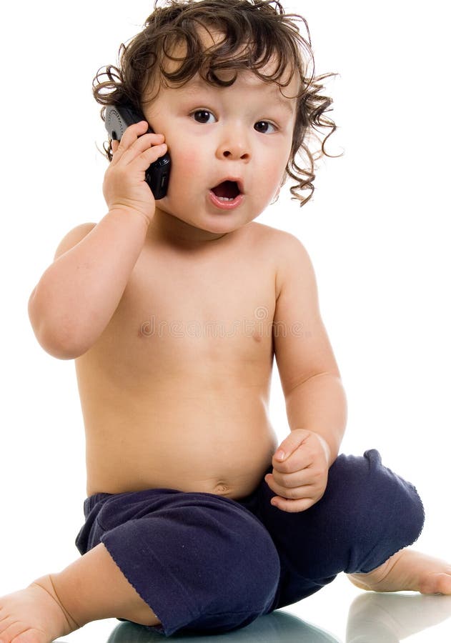 Bebê de 1 ano com telefone imagem de stock. Imagem de facial - 8739229