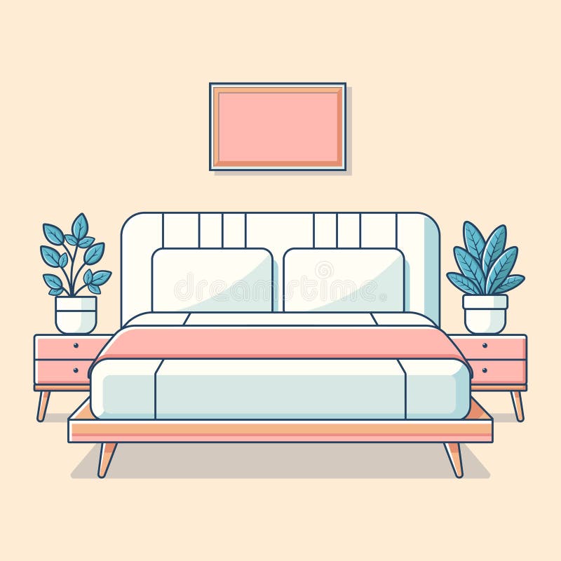 Flat Illustration of Minimal Bedroom Interior with Bed and Side Tables ...