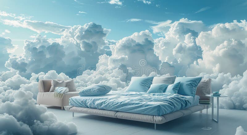 Bed Above the Clouds with Blue Sky and Fluffy Pillows Stock Photo ...