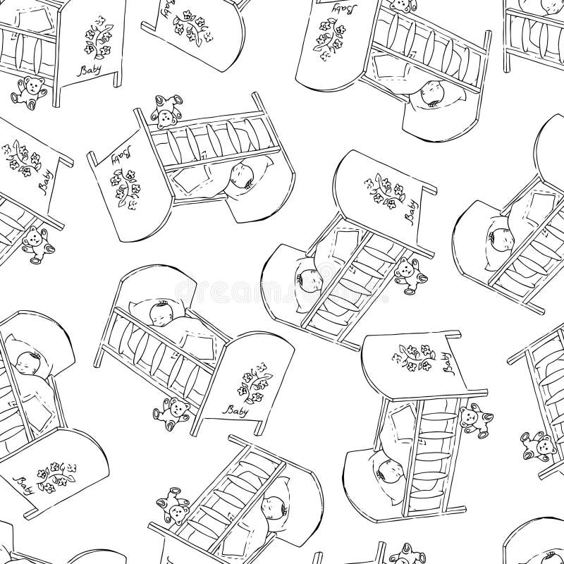 Bed for Baby Vector. Monochrome Seamless Pattern Backgrounds. Sleeping ...