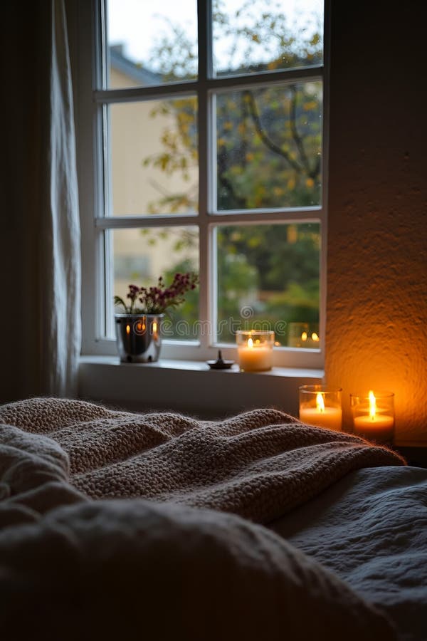 A Bed with a Blanket and Two Candles on a Window Sill Stock Photo ...