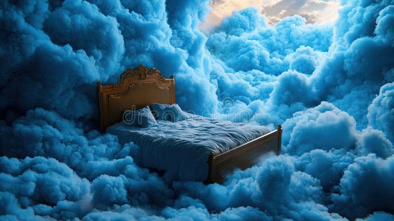 A Bed among Blue Clouds. Dreaming and Sleeping Concept Stock ...