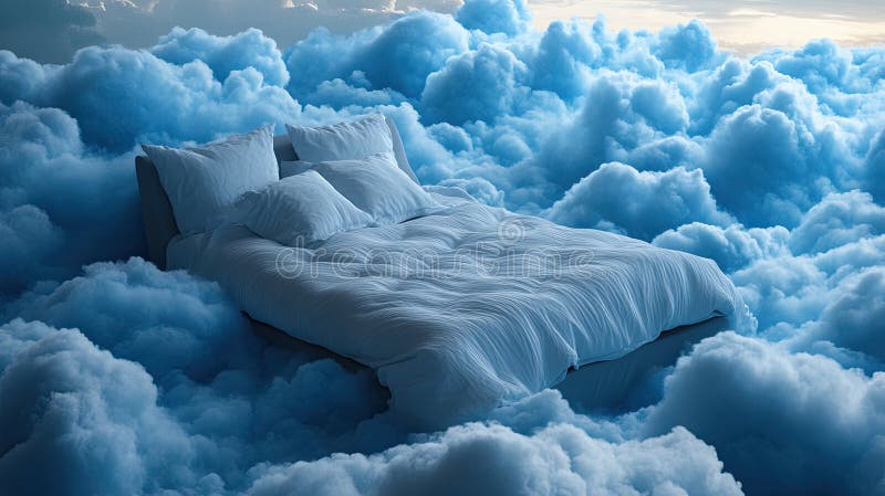 A Bed among Blue Clouds. Dreaming and Sleeping Concept Stock ...