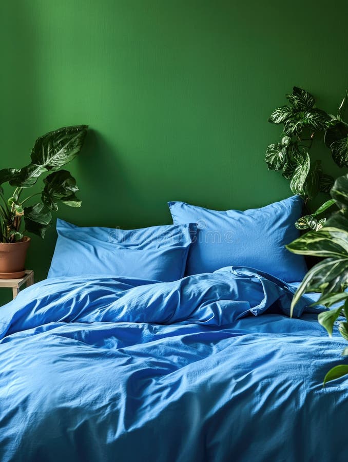 Bed with Blue Comforter and Potted Plant Stock Photo - Image of cozy ...