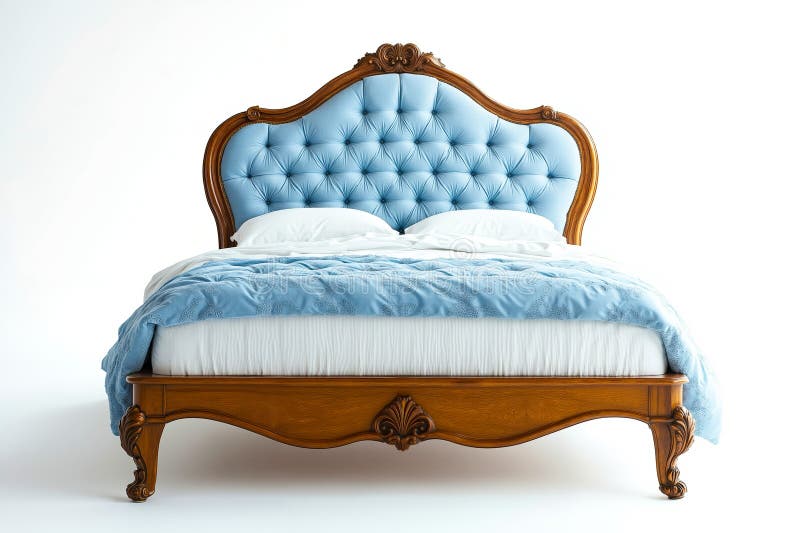 A Bed with a Blue Upholstered Headboard and White Sheets on a White ...