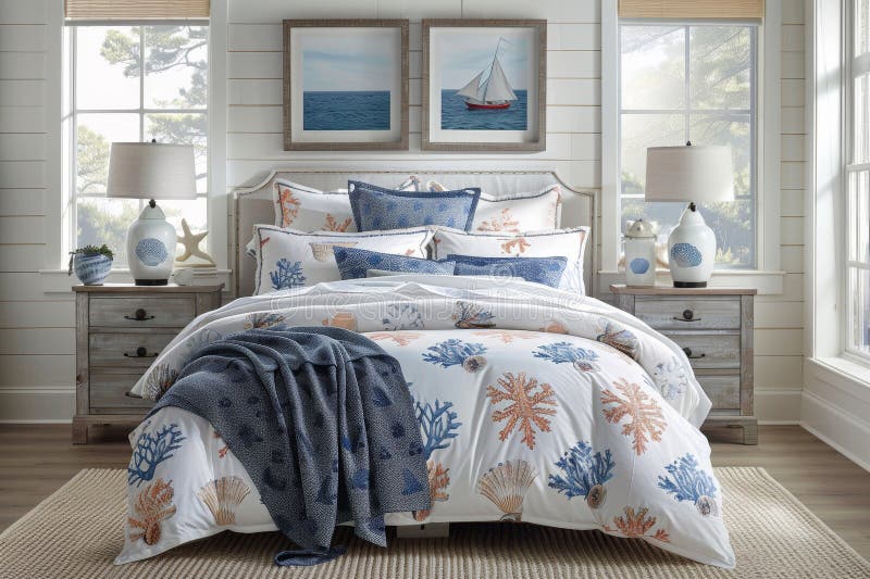 A Bed with a Blue and White Comforter with Shells on it Stock Image ...