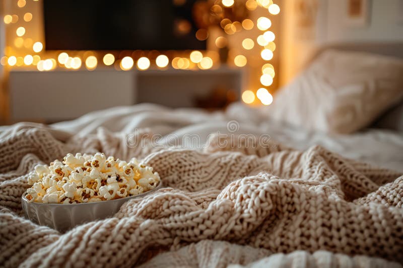Bed with a Bowl of Popcorn on it Stock Photo - Image of clean ...