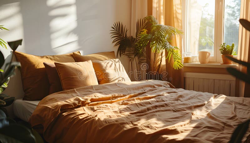 Bed with Brown Linens in Cozy Bedroom. Interior Design Stock ...