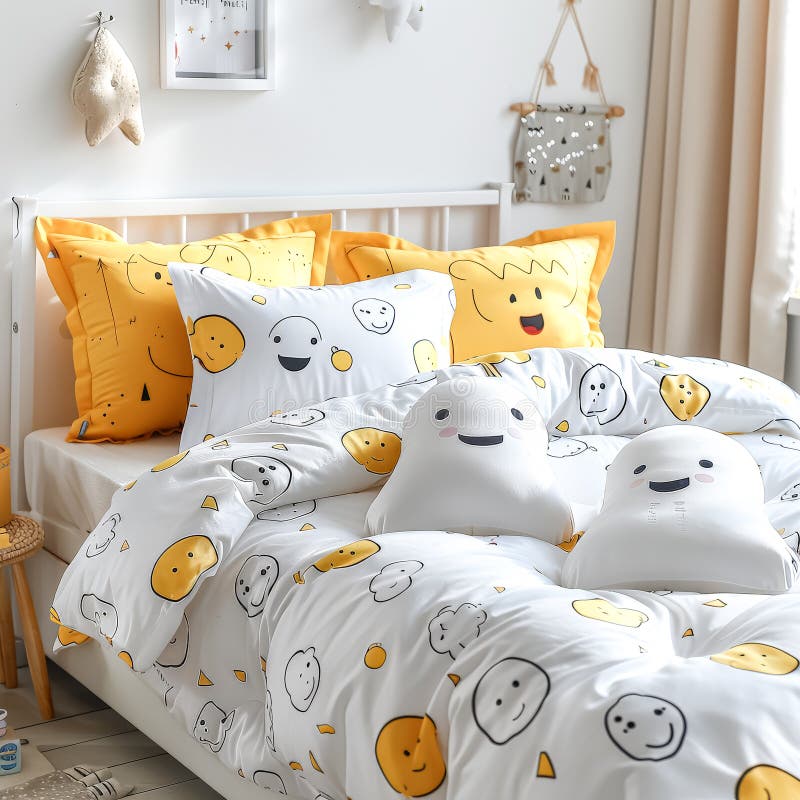 A Bed with a Cartoonish Design on the Sheets and Pillows. Stock Photo ...
