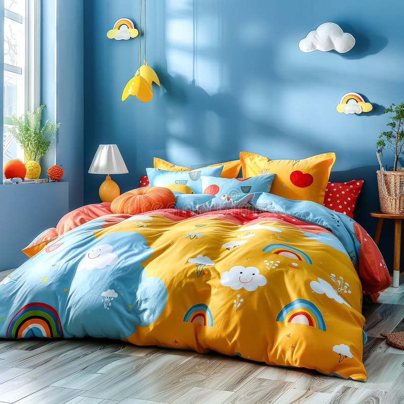 A Bed with a Colorful Comforter Featuring Clouds and a Rainbow. Stock ...
