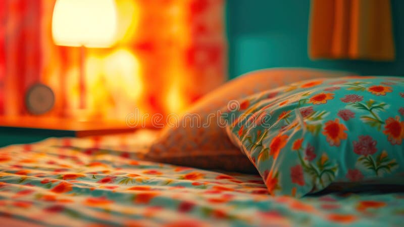 A Bed with a Colorful Floral Pattern on the Comforter, AI Stock ...