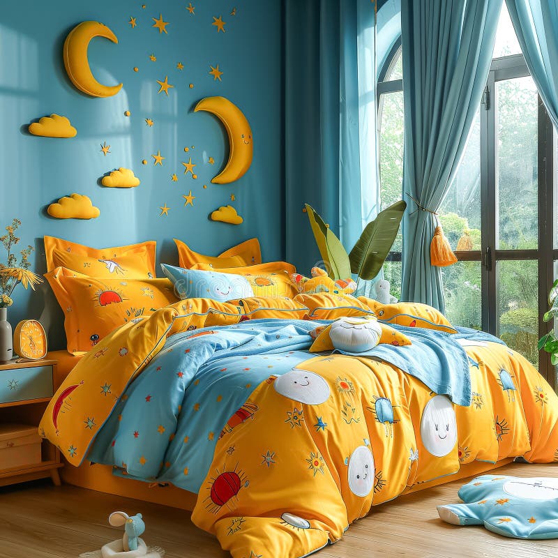The Bed is Colorful and Has a Rainbow Design on it. Stock Image - Image ...
