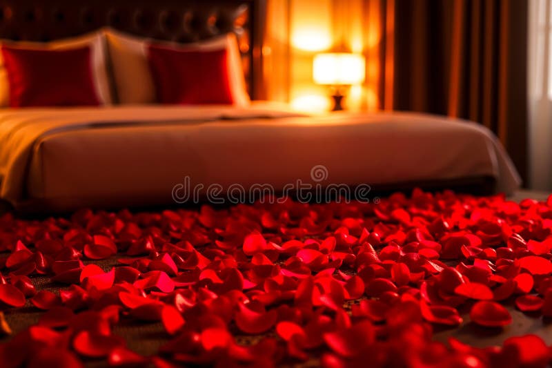 A Bed Covered in Red Rose Petals on the Floor of a Hotel Room Stock ...