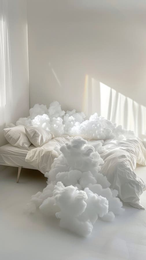 Bed Covered in White Fluffy Clouds in a Room Stock Image - Image of ...