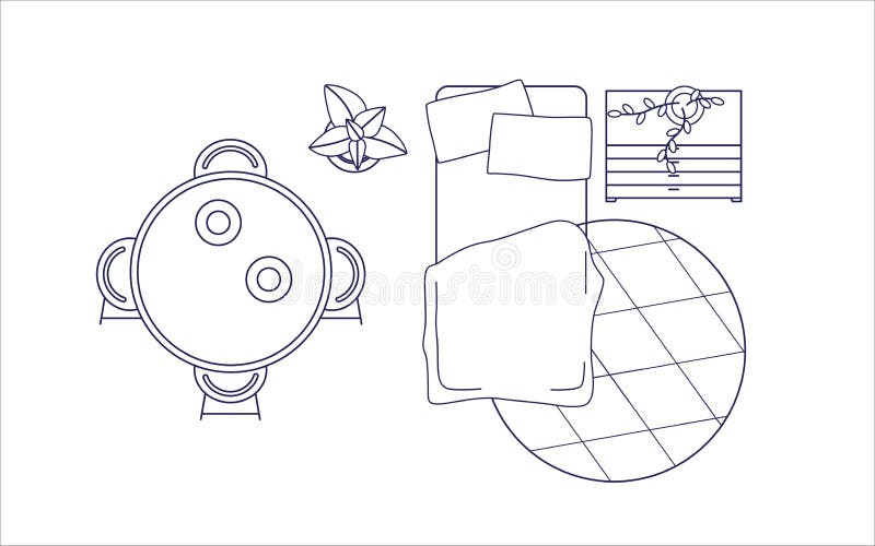 Overhead Bedroom Interior Layout, Room Design with Double Bed ...