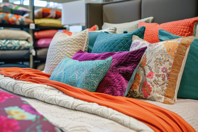 Bed Display with Colorful Pillows, Quilts, and Throws Stock ...