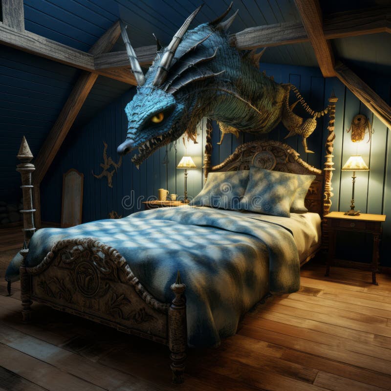 A Bed with a Dragon Head on Top of it Stock Illustration - Illustration ...