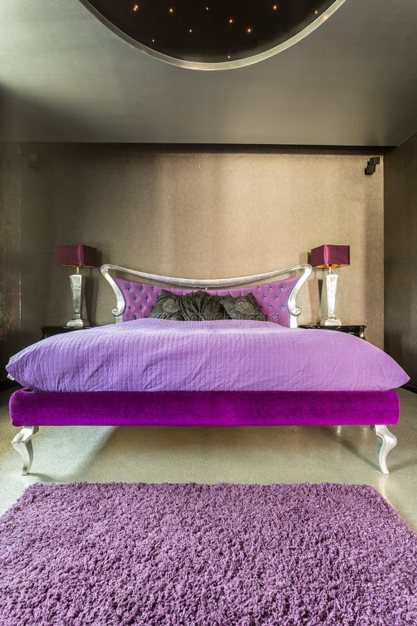 Bed in Extravagant Silver Bedroom Stock Image - Image of violet ...