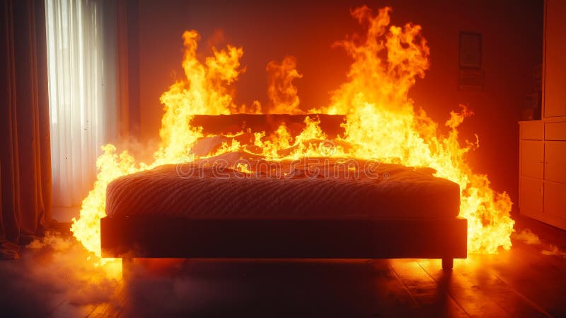 A Bed on Fire in a Bedroom with a Bed in the Middle of it Stock Photo ...