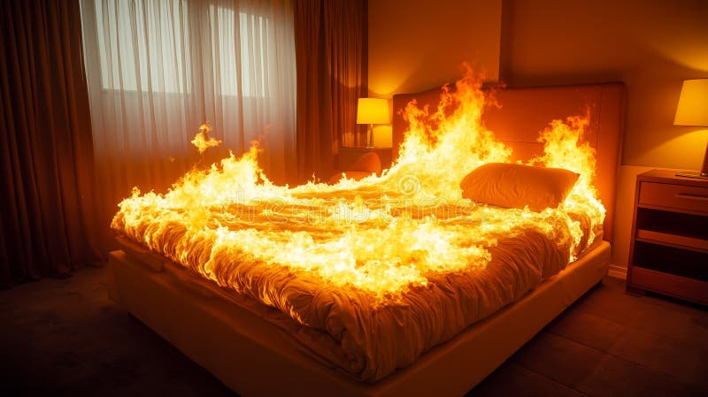 A Bed with a Fire Burning on Top of it in a Bedroom Stock Image - Image ...