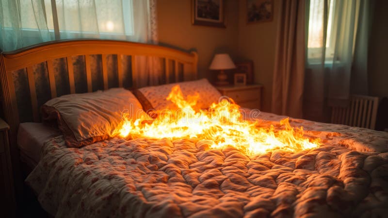 A Bed with a Fire Burning on Top of it Stock Photo - Image of lamp, blanket: 342542976