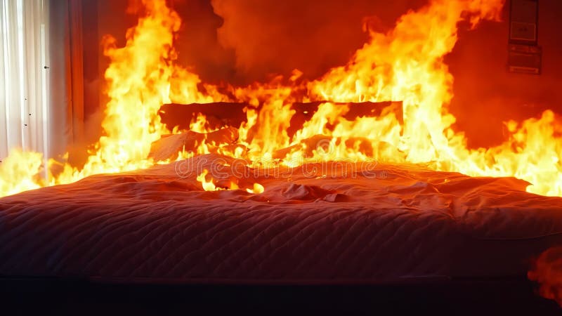 A Bed on Fire in a Bedroom with a Bed in the Middle of it Stock Video - Video of layer, ceiling ...