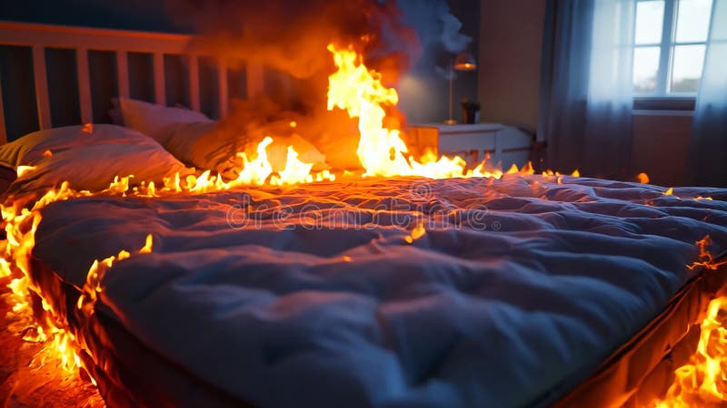A Bed on Fire in a Bedroom with a Bed in the Middle of it Stock Footage ...