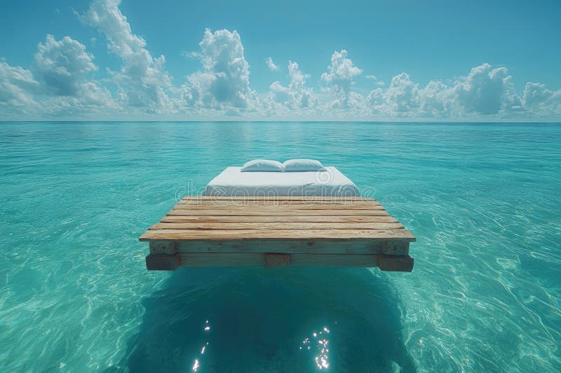 A Bed Floats in the Open Ocean, Suitable for Beach or Coastal Themed ...
