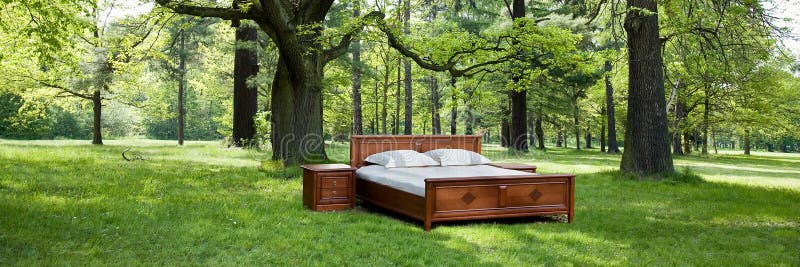 Bed in a Forest- Concept of Good Sleep Stock Image - Image of resting ...