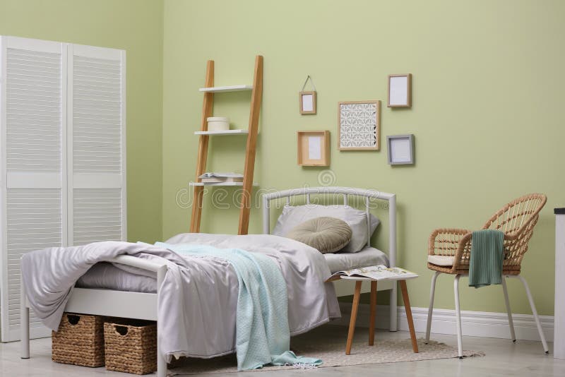 Bed with Fresh Linens in Stylish Room. Interior Design Stock Photo ...