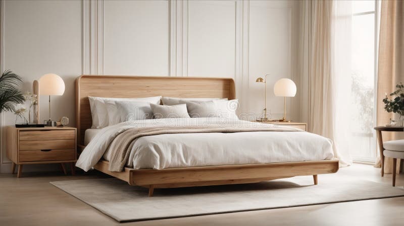 Bed, Front View, Light Wood and White Generative AI Stock Illustration ...