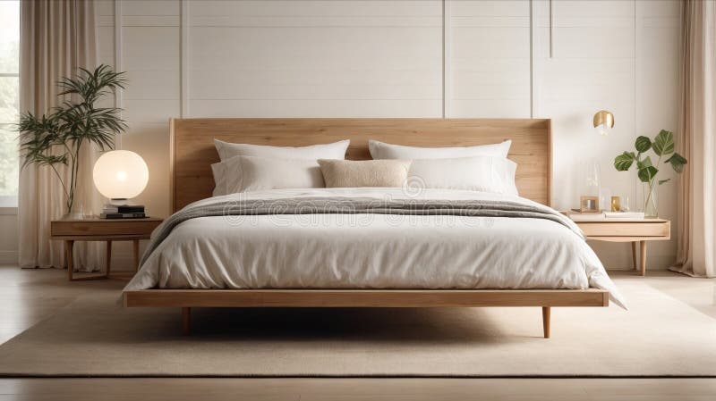 Bed, Front View, Light Wood and White Generative AI Stock Illustration ...