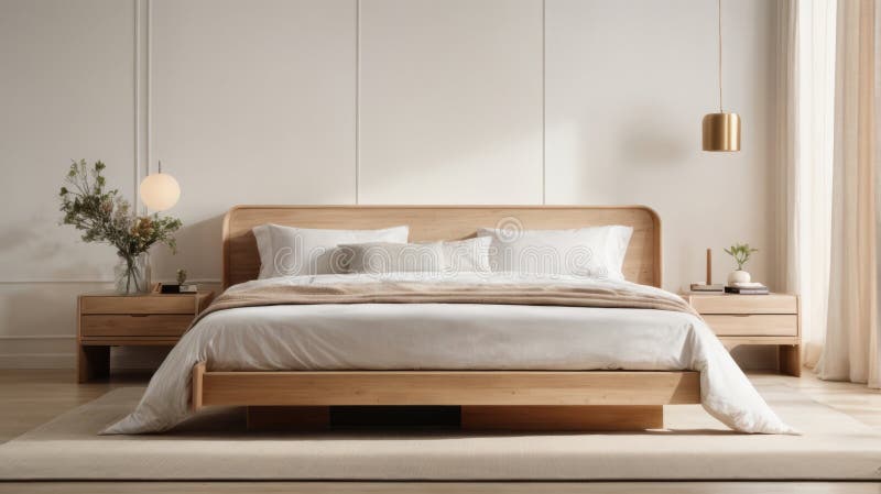 Bed, Front View, Light Wood and White Generative AI Stock Illustration ...