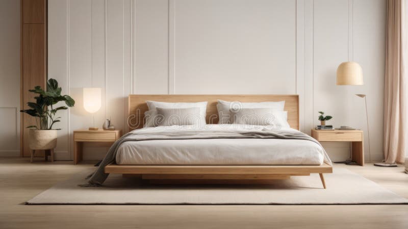 Bed, Front View, Light Wood and White Generative AI Stock Illustration ...
