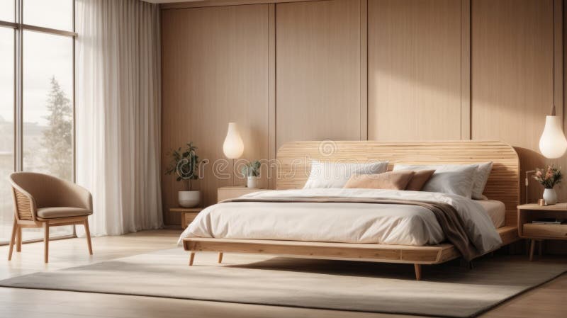 Bed, Front View, Light Wood and White Generative AI Stock Illustration ...