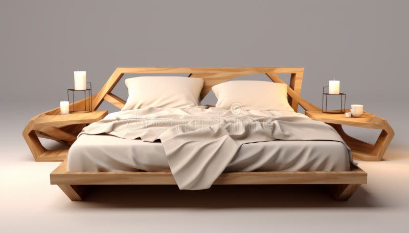 Bed, Front View, Light Wood and White Generative a Stock Illustration ...