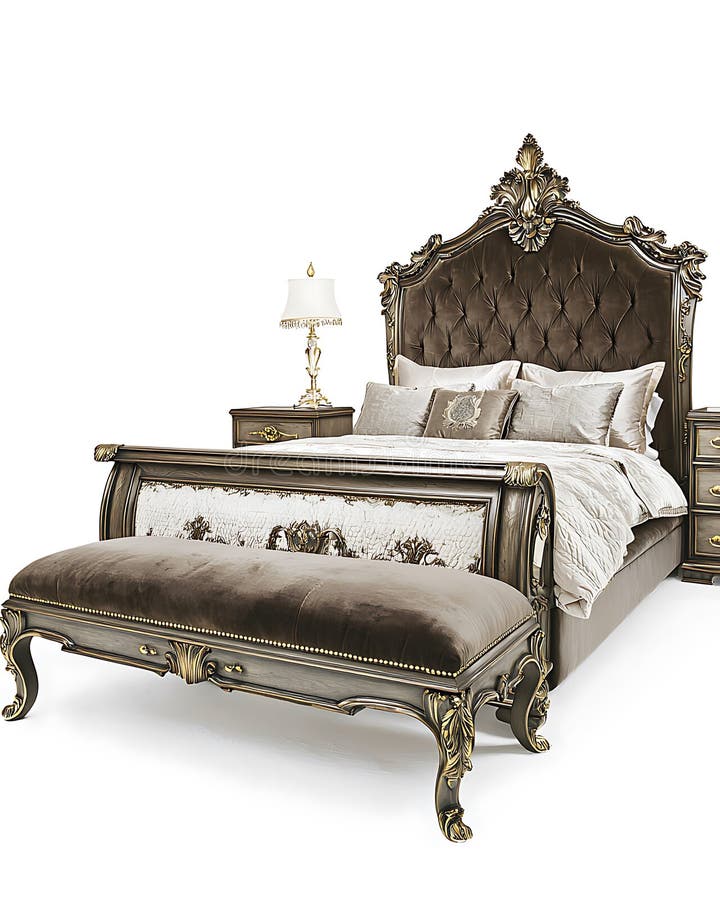A Bed with a Headboard and Footboard, and a Bench Stock Photo - Image ...
