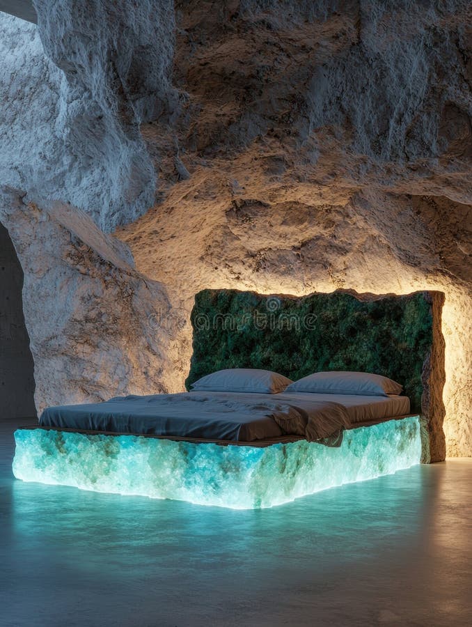 A Bed Inside a Cave with Glowing Base. Stock Illustration ...