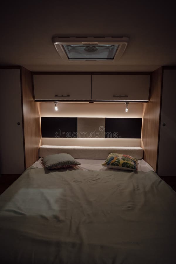 Bed Inside a New Luxury Camper Van Motorhome Stock Image - Image of ...